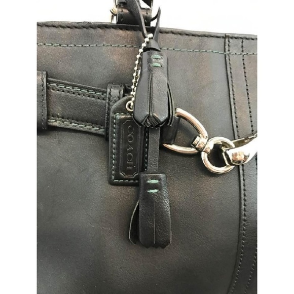 Coach | Bags | Coach Green Stitching Detail Black Leather Tote | Poshmark